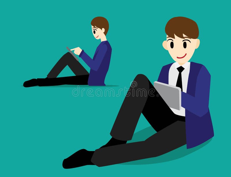 People with Gadget Set, Boy Sitting Using Tablet Cartoon Vector ...
