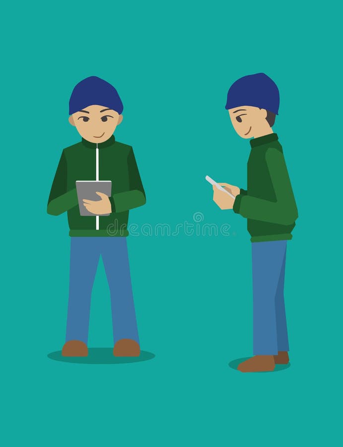 People with Gadget Set, Boy Using Gadget while Standing Cartoon Vector ...