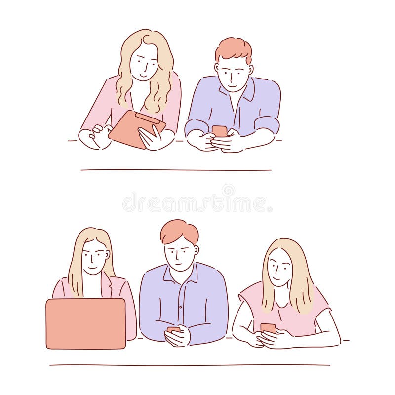 People with Gadgets in Hand Drawn Doodle Style. Stock Vector ...