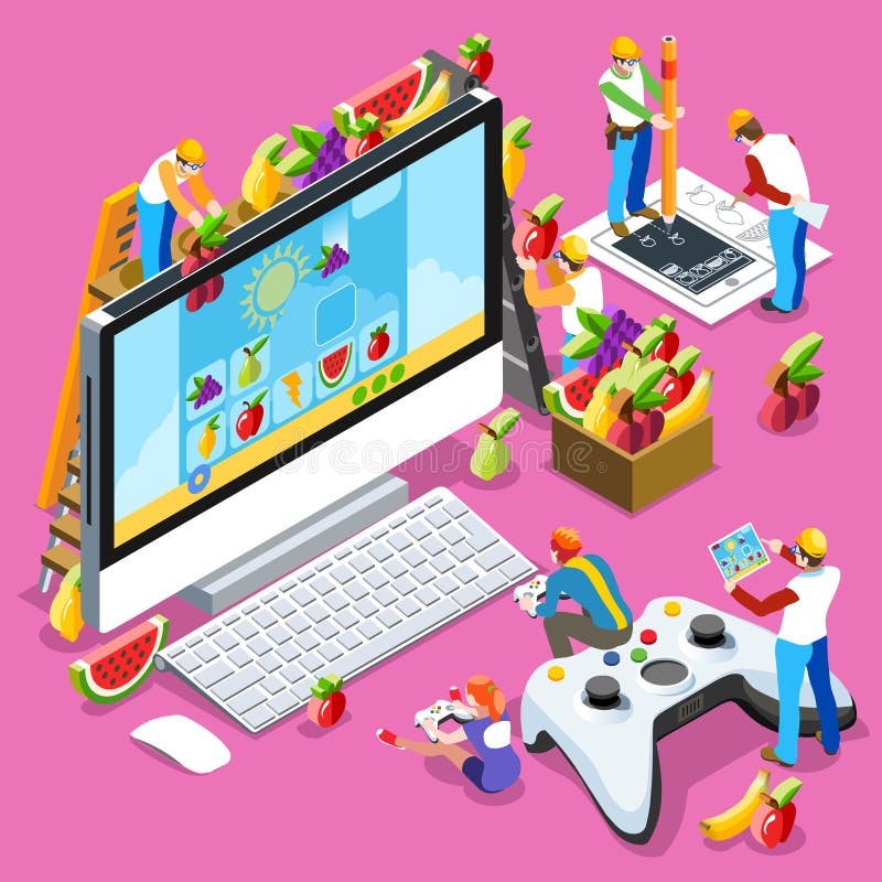 People Gaming Computer Video Game Isometric Vector Illustration Stock ...