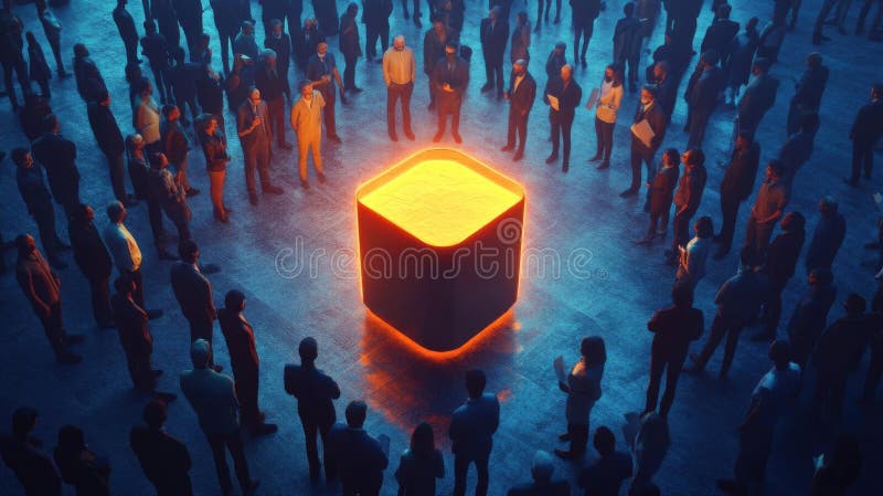 People Gather Around a Glowing Cube, Technology Focus and Future ...