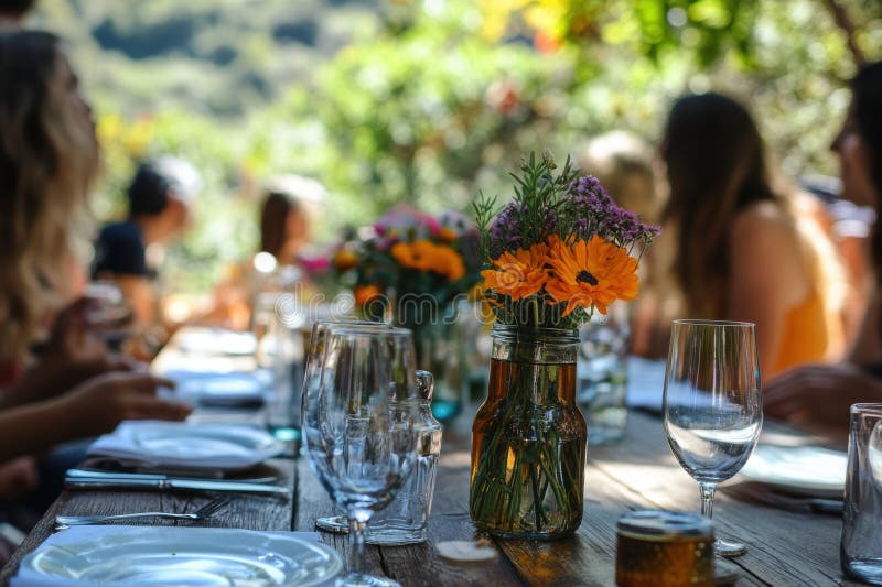 People Gather Around a Table Enjoying Food and Drinks Together. Stock ...