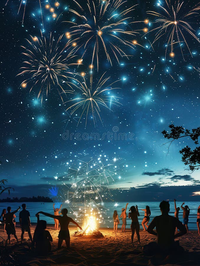 People Gather on the Beach, Dancing Joyfully Around a Bonfire while ...