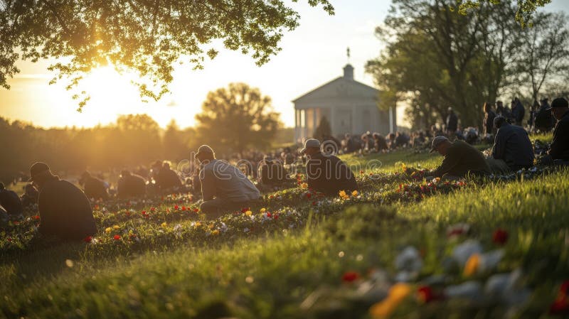 People Gather in a Serene Outdoor Memorial Setting Stock Photo - Image ...