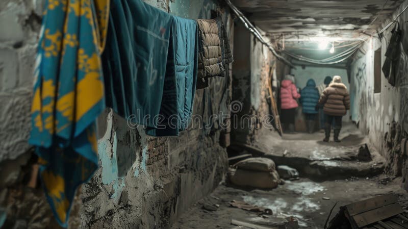 People Gathered in Basement Shelter during War Hoping for Peace Stock ...