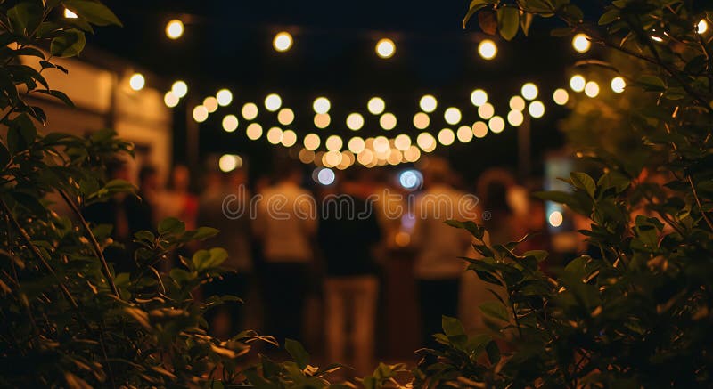 People Gathering at Night with String Lights and Greenery Stock ...
