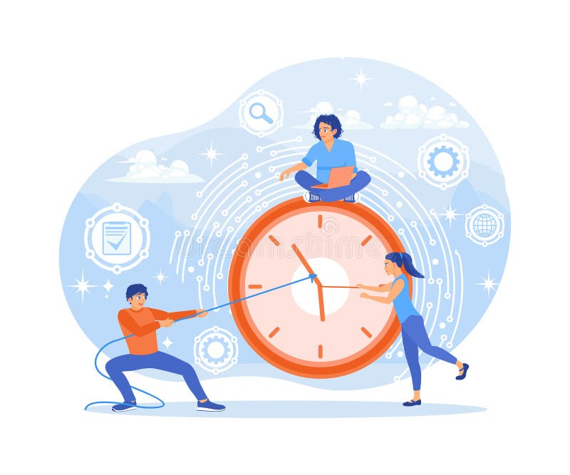 People Get Work Done on Time. Man Pulls Clock Hand To Increase Deadline ...