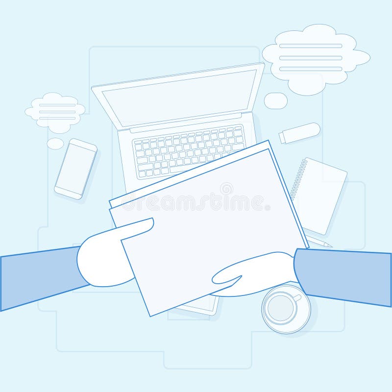 People Give Document Contract Workplace Desk Laptop Computer Top Angle ...