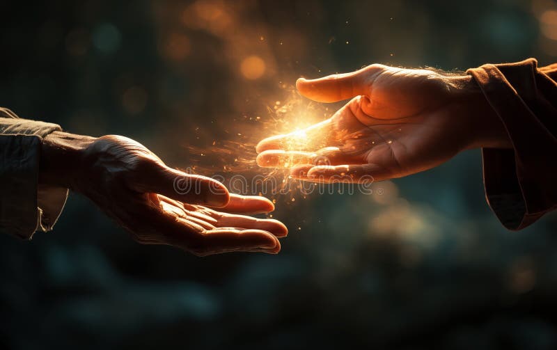 People Give Each Other a Helping Hand, Magic Light between Hands. Stock ...