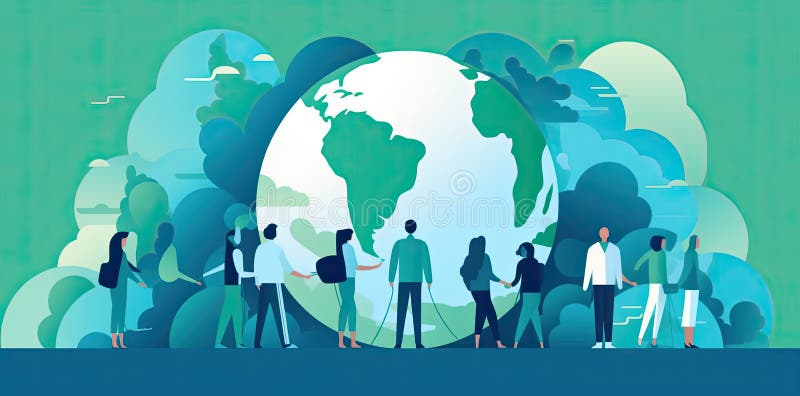 People with a Globe, in the Style of Environmental Awareness, Flat ...