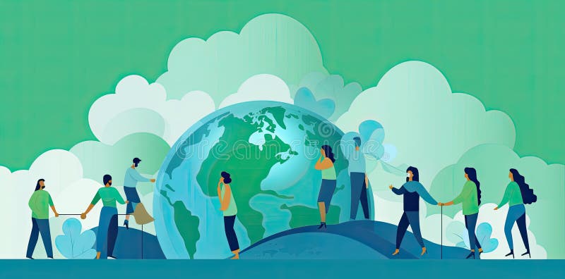 People with a Globe, in the Style of Environmental Awareness, Flat ...