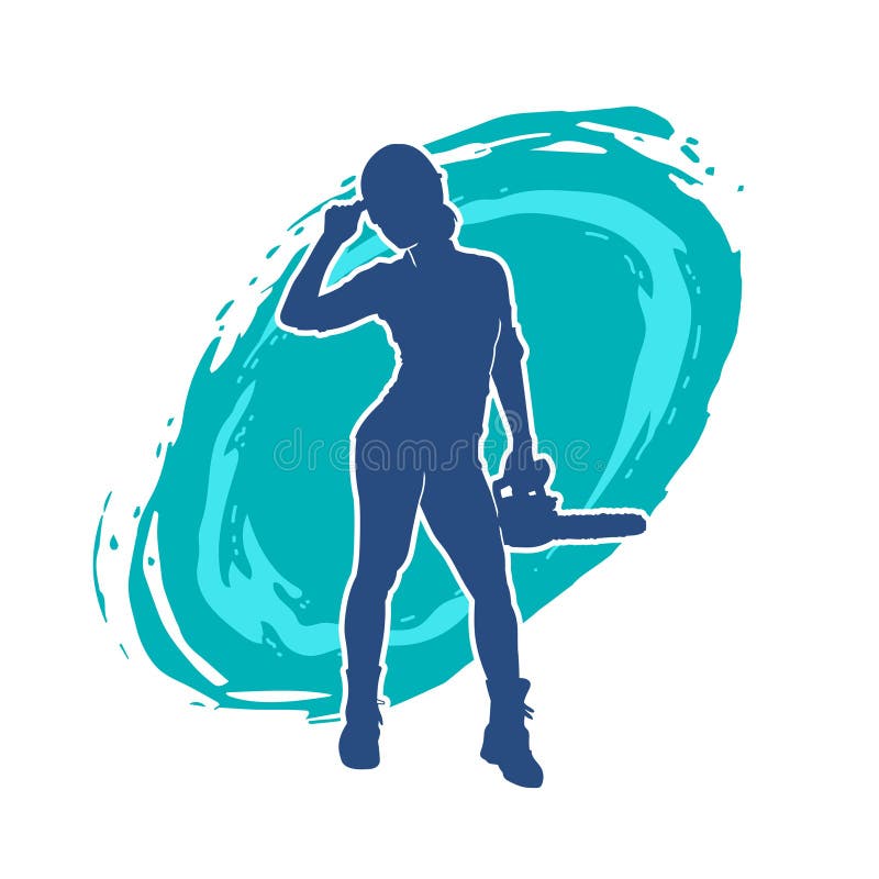 Silhouette of a Female Worker in Action Pose Carrying Chainsaw Machine ...