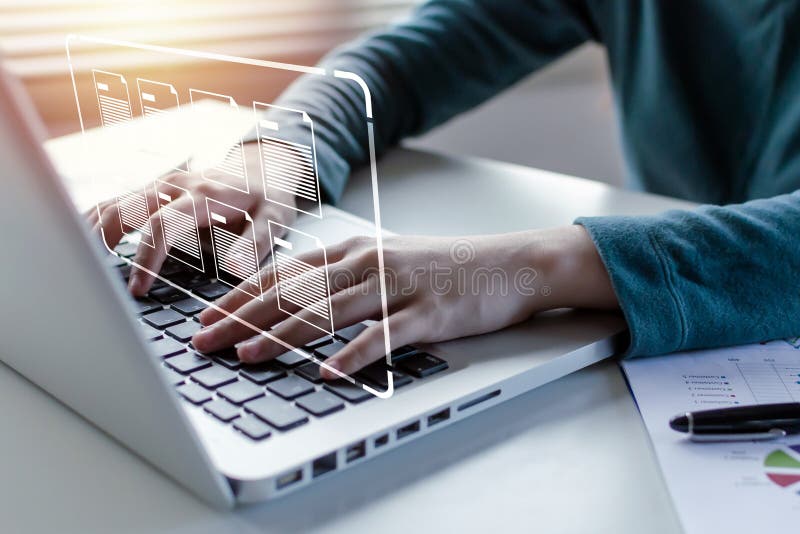 People Hand Using Laptop Computer with Virtual Graphic Icon on Desk at ...