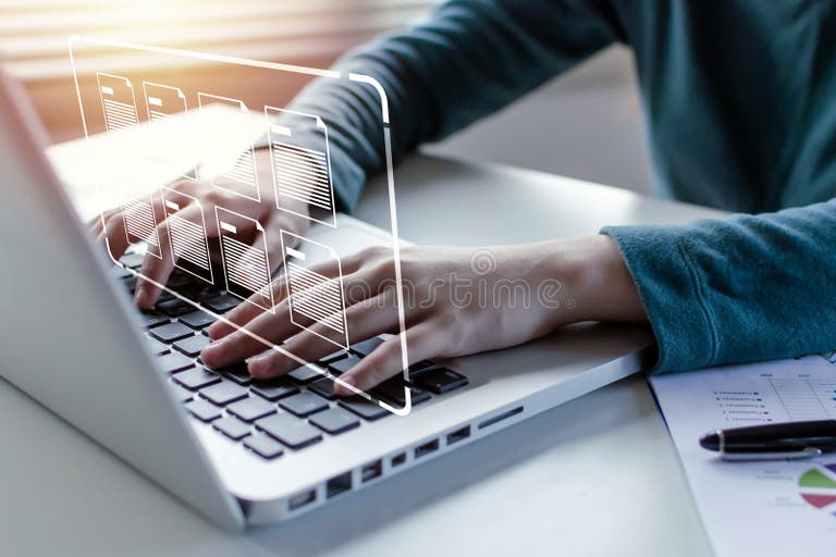 People Hand Using Laptop Computer with Virtual Graphic Icon on Desk at ...