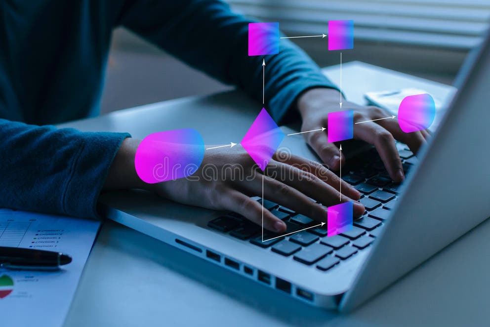 People Hand Working on Laptop Computer with Digital Flowchart Database ...