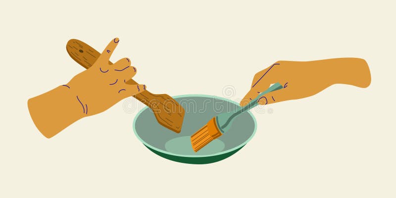 People Hands Cooking Close Up Vector Illustration. Palms Using Brush ...