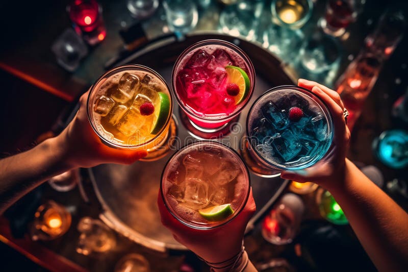 People Hands Holding Different Colored Cocktails with Ice in the Bar ...
