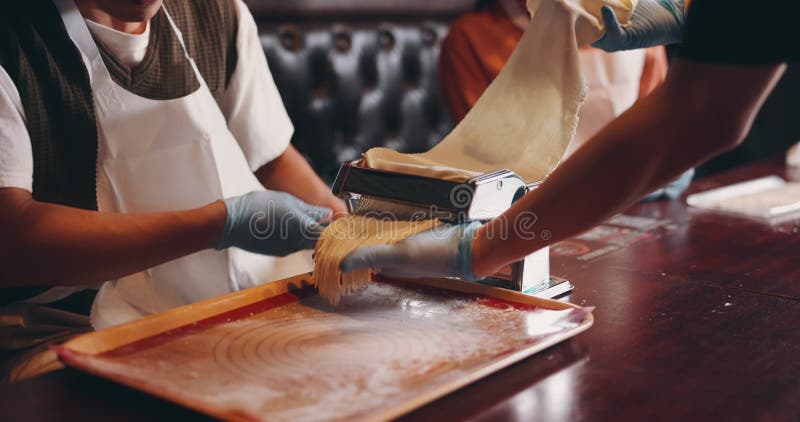 People, Hands and Pasta Machine in Class for Learning, Cooking Lesson ...