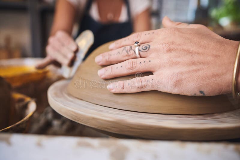 People, Hands and Pottery Class in Studio, Working Together and Carving ...