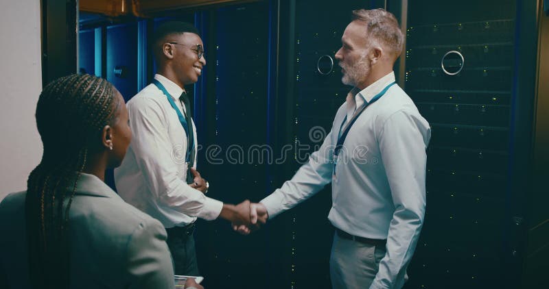 People, Handshake and Server Room Success, Onboarding or Cyber Security ...