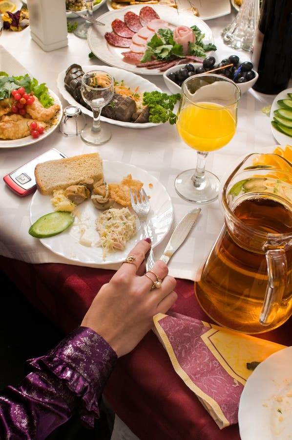 People Have Supper on a Banquet. Stock Photo - Image of decanter, gold ...