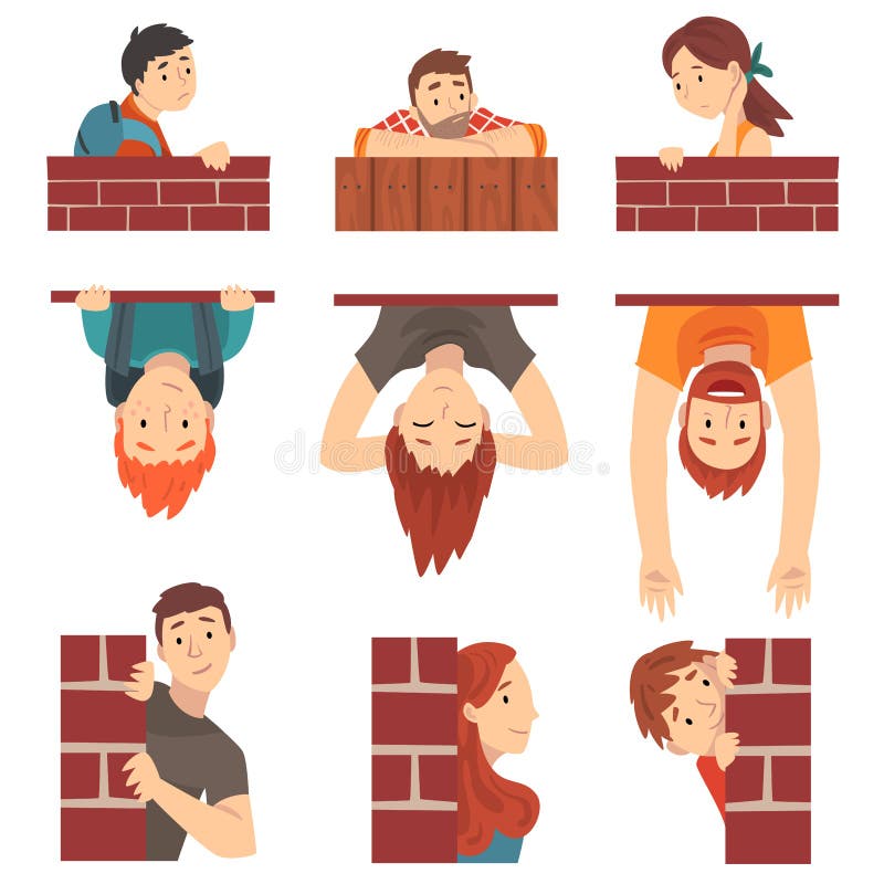 People Hiding Behind Brick Wall and Peeping Set Cartoon Vector ...