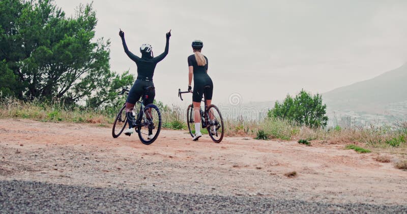 People, High Five and Bicycle for Mountain Celebration on Hill for ...