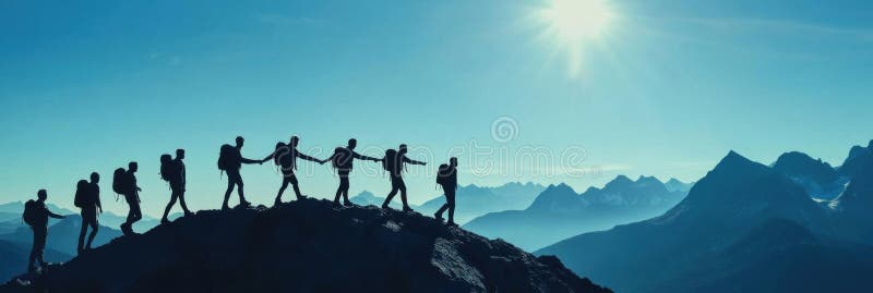 People Hiking Together on Mountain Top with Unity Concept Themes Stock ...