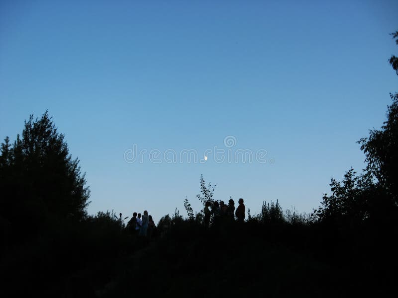 People on the Hill at Night Under the Moon Stock Image - Image of quiet ...