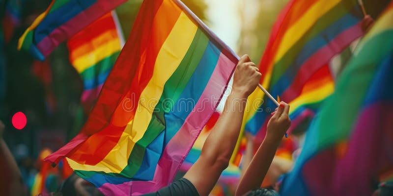 People Holding Colorful Rainbow Flags, a Symbol of Unity and Diversity Stock Photo - Image of ...