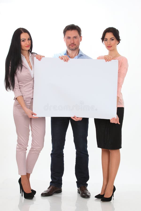 People Holding Copy Space and Smiling at Camera while Isolated on White ...