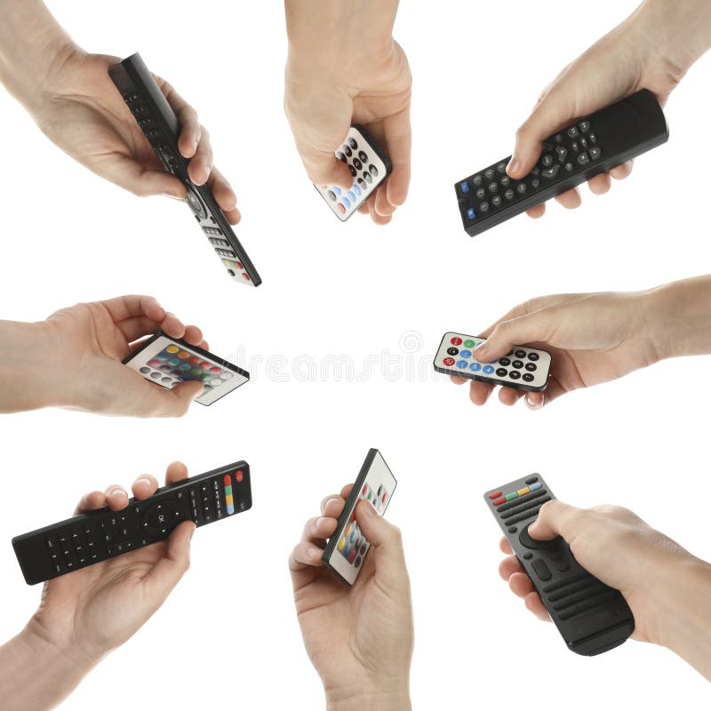 People Holding Different Remote Controllers on White Background ...