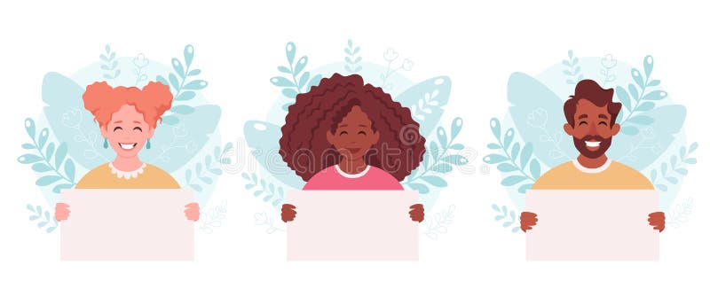 People Holding Empty Banner. Smiling People with Empty Placard. Vector ...