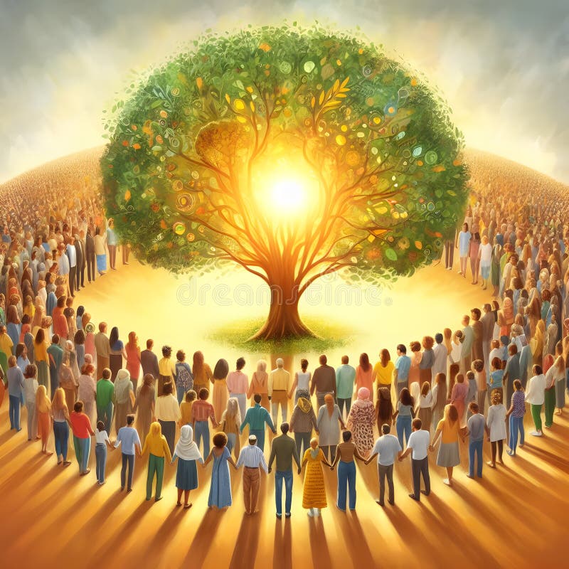 People Holding Hands Around Glowing Tree Stock Illustration ...