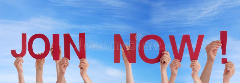 People Holding Join Now in the Sky Stock Photo - Image of information ...
