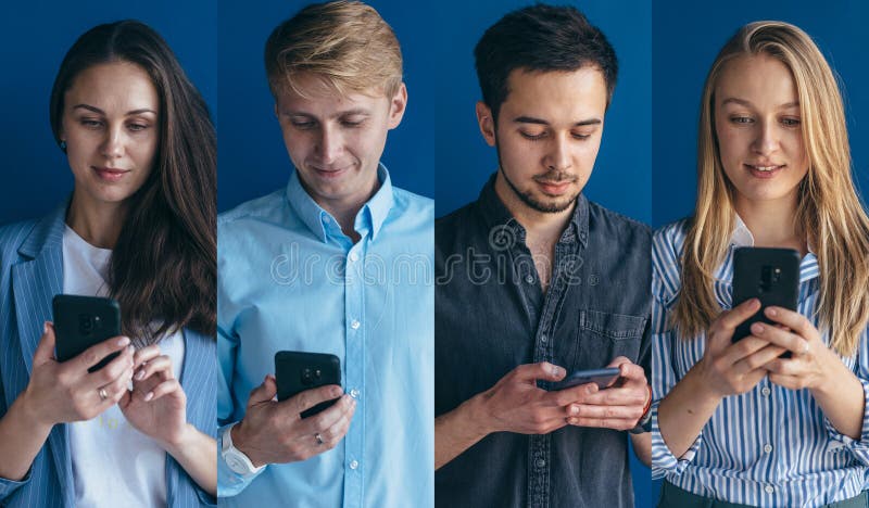 People Holding Phones, Looking at Screens. Collage. Stock Photo - Image ...