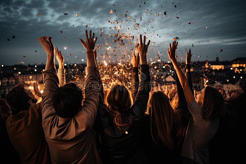 People Celebrating at a Music Festival with Hands Up in Stock ...