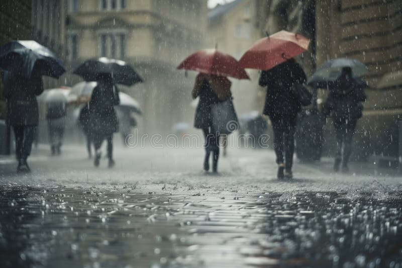 People Holding Umbrellas Walking Down the Street in Heavy Rain - AI ...