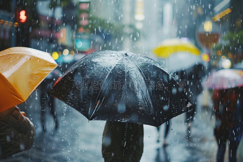 People Holding Umbrellas Walking Down the Street in Heavy Rain - AI ...