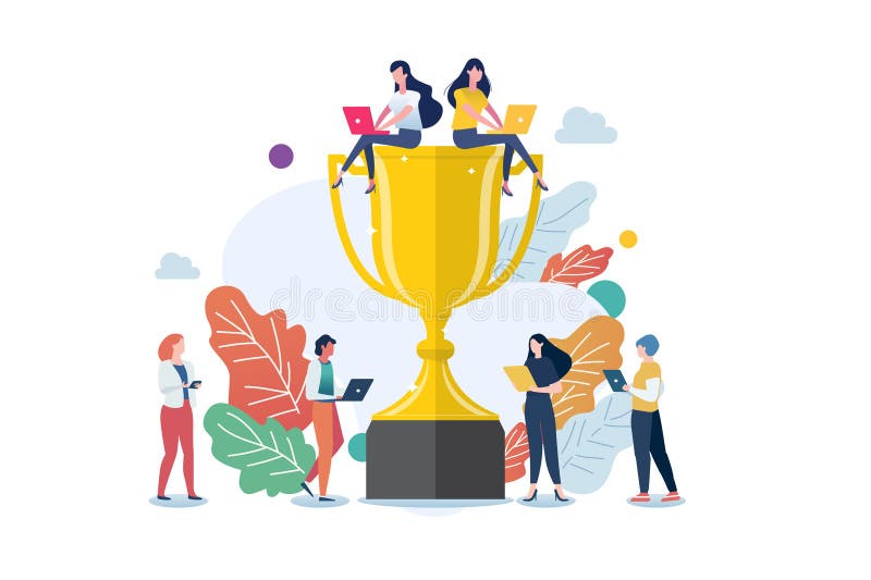 People with Huge Champion Cup. Business Success Concept Stock Vector ...