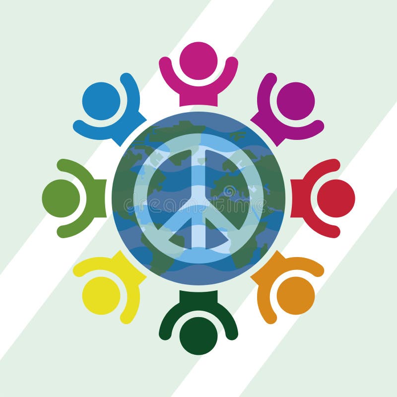 People Icons Around an Earth Globe with Peace Symbol Vector Stock ...