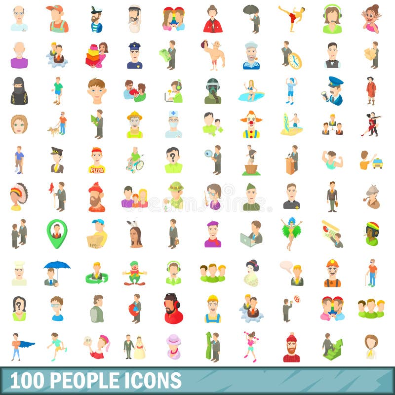 100 People Icons Set, Cartoon Style Stock Vector - Illustration of ...