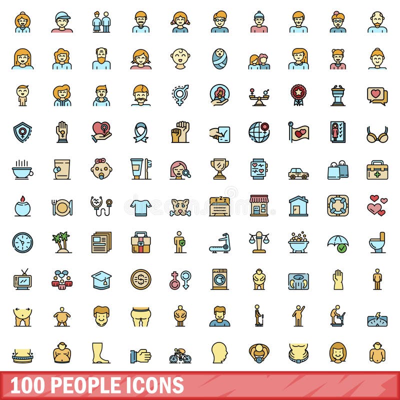100 People Icons Set, Color Line Style Stock Illustration ...