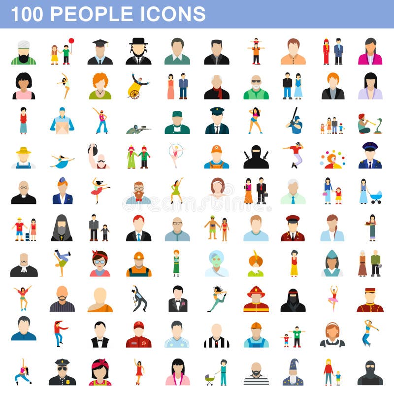 100 People Icons Set, Flat Style Stock Illustration - Illustration of ...