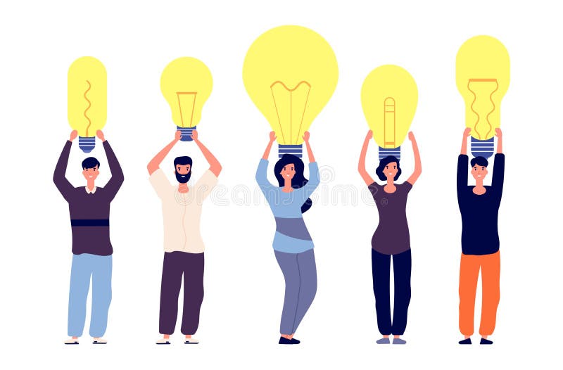 People and Ideas. Different Persons Hold Light Bulbs Vector ...