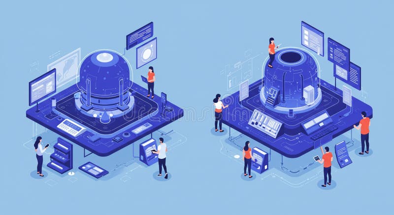 People Interact with Futuristic, AI-themed Workstations. Each Station ...