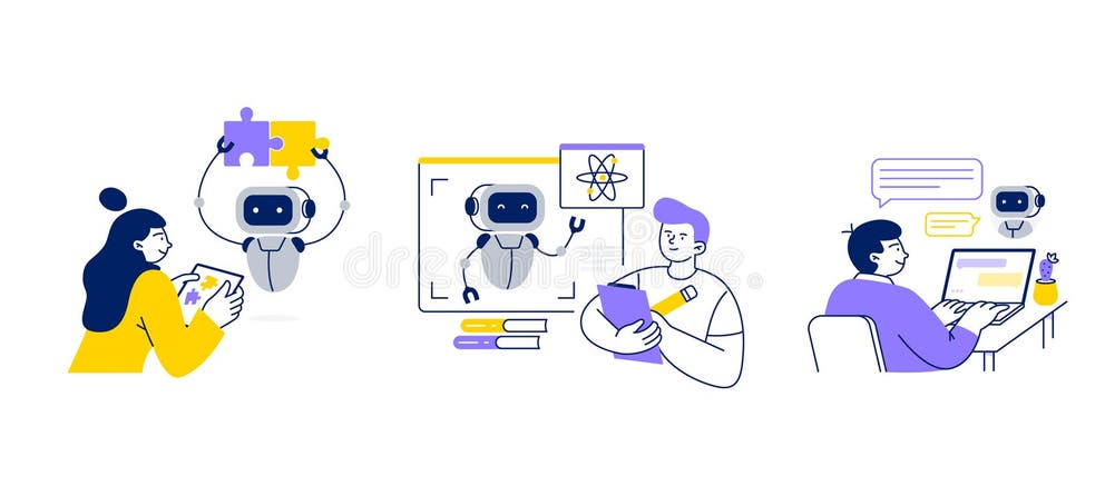 People Interact with Online Chat Bots. Robot Helps Users with Work and ...