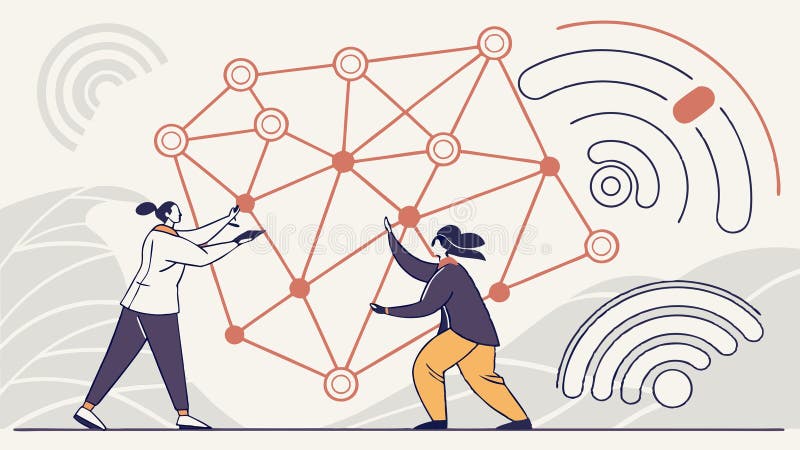 People Interacting with Abstract Network Grid Technology, Vector Design ...