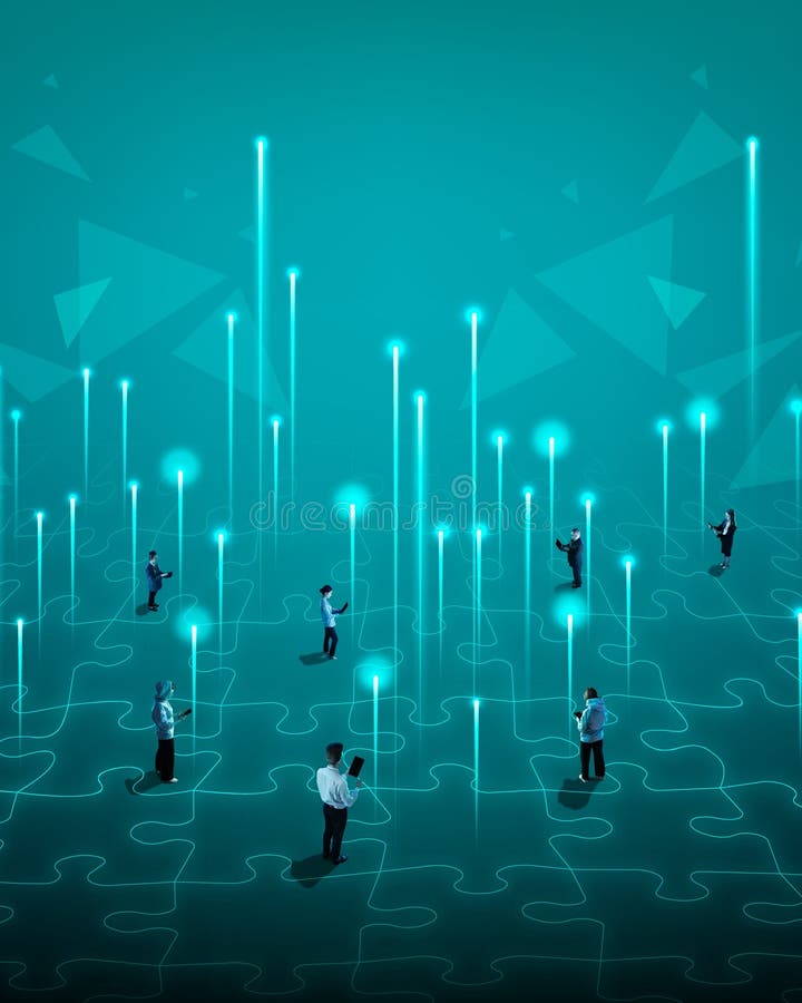 People Interacting on Puzzle-like Tech Field Lit by Network Signals ...