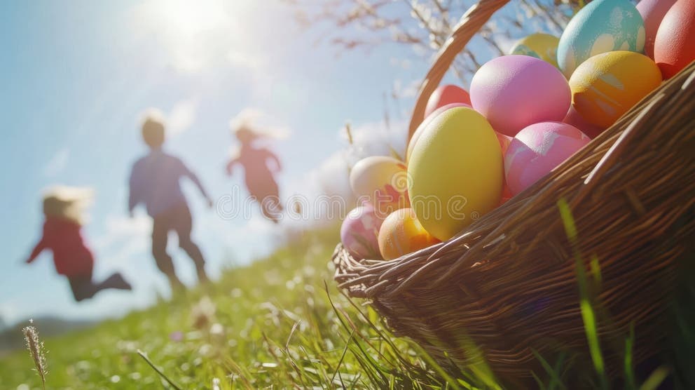People Joyfully Run on Grass Carrying Colorful Easter Egg Baskets ...